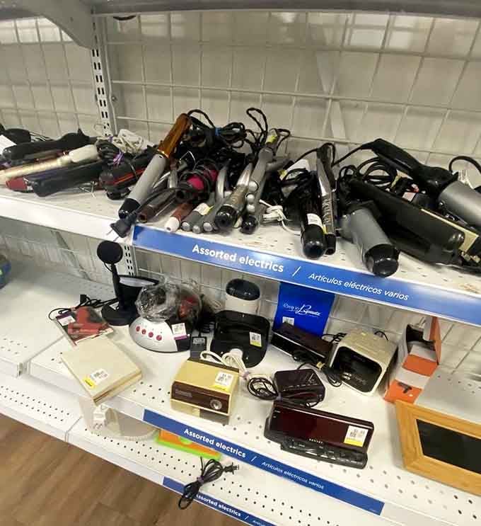Hair dryers and electronics line up like relics from technology's recent past, still perfectly functional.