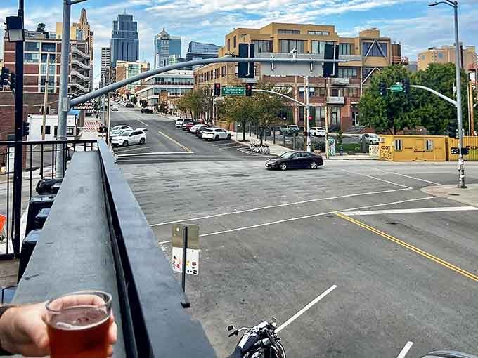 Rooftop seating with Kansas City skyline views: because sometimes you need fresh air between Pac-Man marathons.