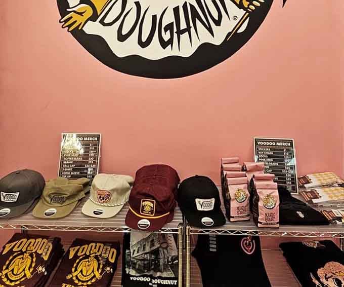 The merchandise shelf lets you wear your doughnut devotion proudly, because some loves deserve to be advertised everywhere.