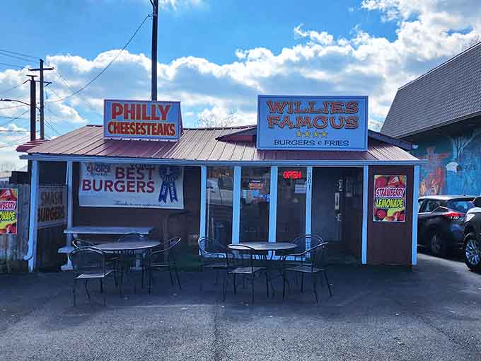 The red metal roof and outdoor seating area invite you to slow down and enjoy your meal the old-fashioned way.