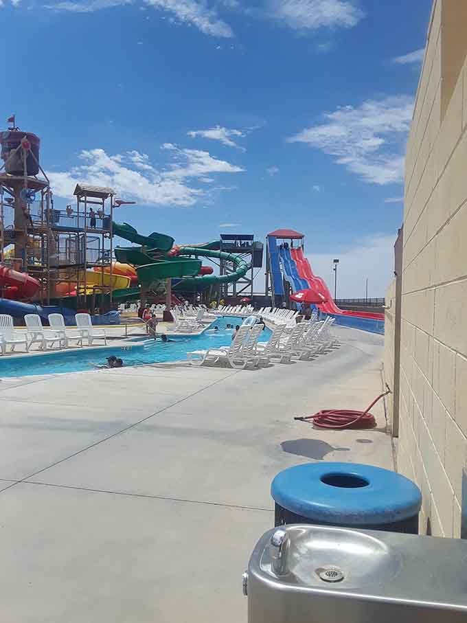 Rows of loungers lined up like soldiers ready for duty, facing slides that promise thrills and possible regrets.