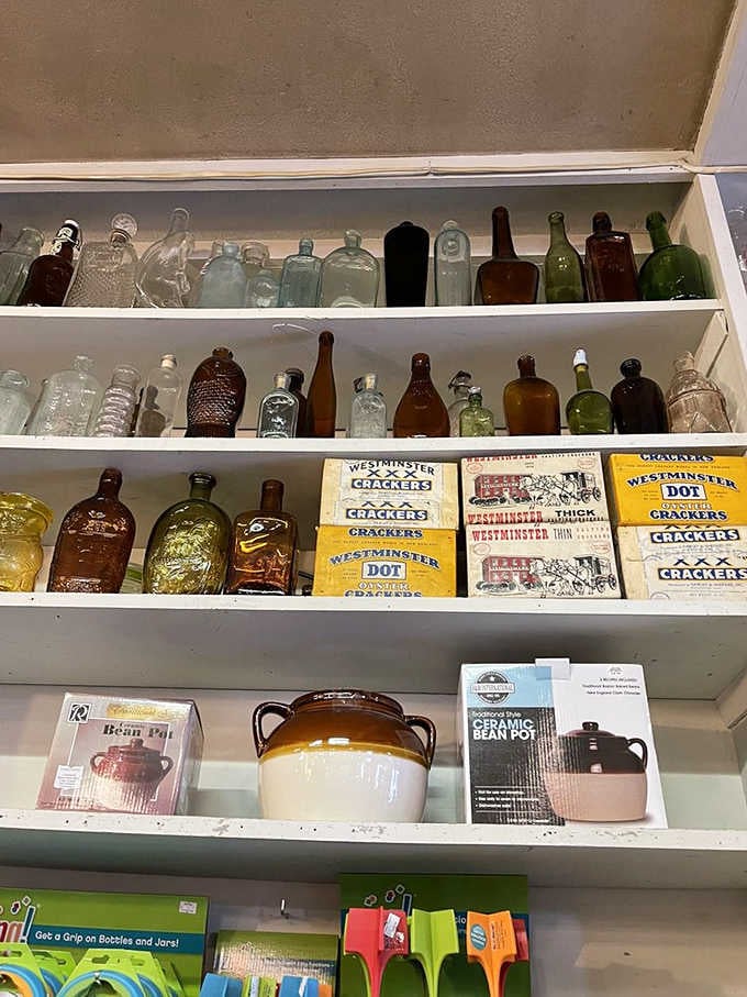 Vintage bottles and antique crackers boxes remind us that collecting history can be surprisingly charming and accessible.