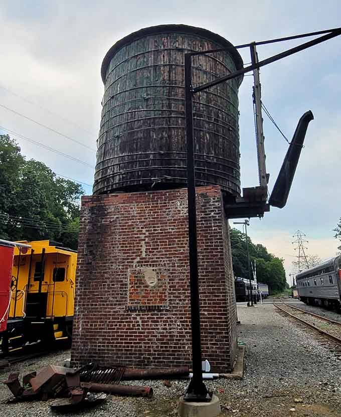 This weathered water tower served thirsty locomotives for decades, a vital pit stop in the age of steam.