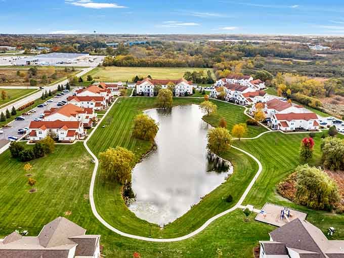 Suburban living done right, where the pond is actually pleasant and the landscaping doesn't look like an afterthought.
