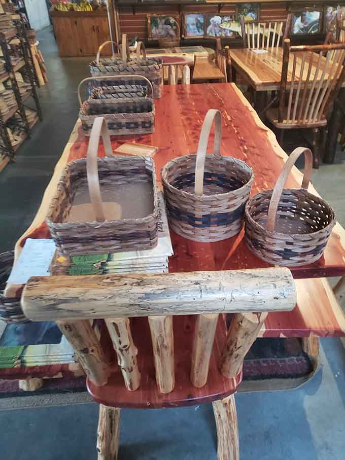 Handwoven baskets sitting on a table that's probably more structurally sound than most modern apartment buildings you've seen lately.