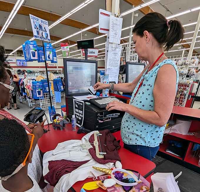 The checkout counter processes countless bargains daily, where smart shoppers celebrate their savvy finds and savings.