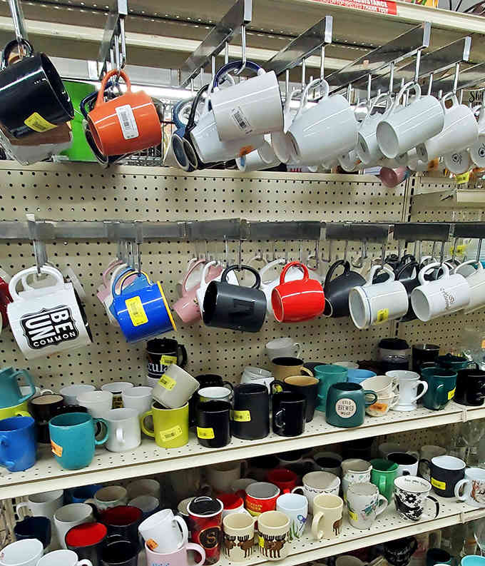 Coffee mugs dangle overhead like caffeinated ornaments, each one ready to become someone's new favorite morning companion daily.