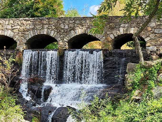 The historic bridge's weathered stonework frames cascading water in a scene that belongs on a postcard.