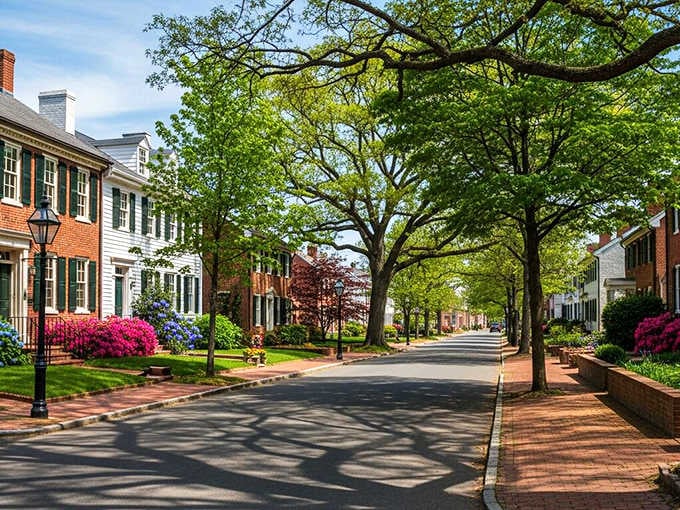 Azaleas bloom in brilliant pink along tree-canopied streets that look like a Southern Living magazine spread.