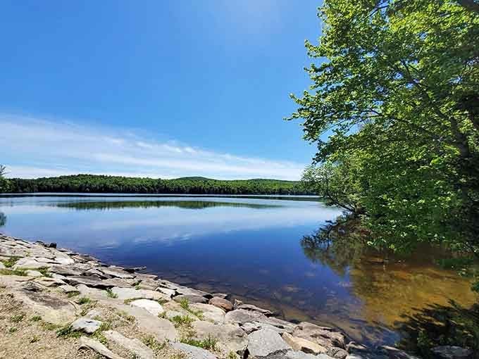 The rocky shoreline creates natural pools where the water's amber tint catches sunlight like liquid gold.