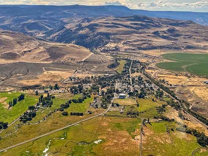 From above, this little town looks like a green oasis tucked between rolling hills that stretch to the horizon.