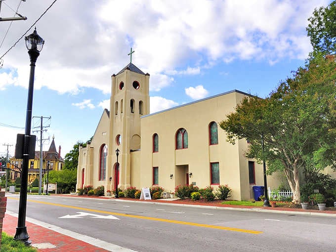Historic architecture frames a peaceful street corner where community and faith have gathered for generations.