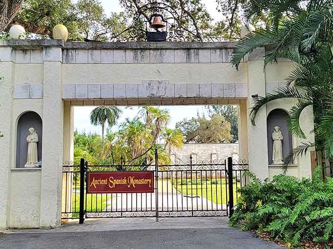 The monastery gates open onto grounds where ancient European architecture found an unlikely but perfect home.