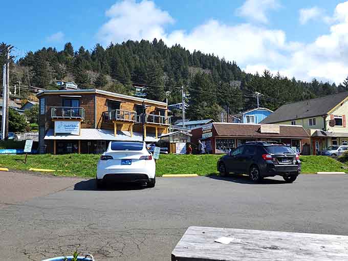 Forested hills embrace this coastal village where buildings nestle between the mountains and the sea.