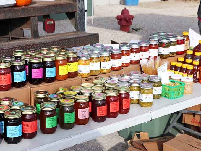 Homemade jams and preserves lined up like edible rainbows, each jar promising flavors your taste buds remember.
