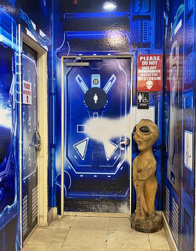 Even the restroom commits to the theme, making this possibly the only bathroom worth photographing in California.