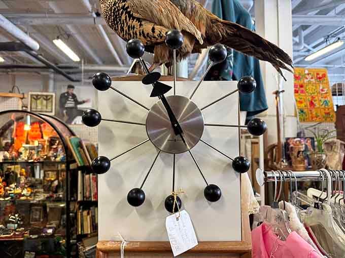 A starburst clock with a pheasant perched on top, because telling time should always involve taxidermy.
