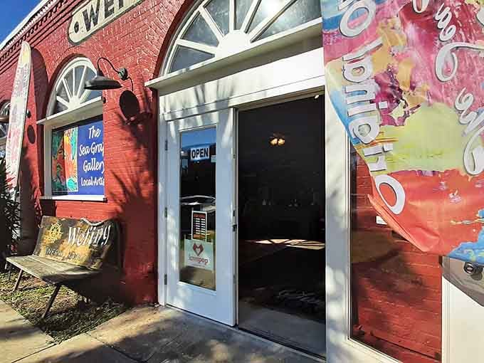 Colorful murals announce a gallery where local art proves creativity thrives in unexpected coastal corners.