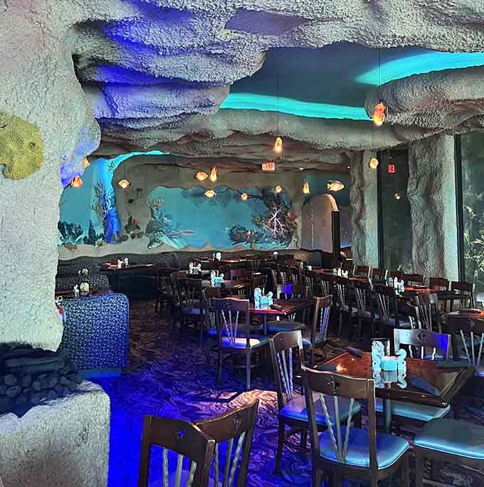 Blue lighting and rock formations transform dinner into an experience that belongs on your bucket list today.