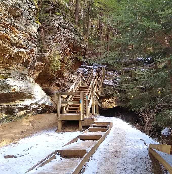 Wooden stairs navigate the winter landscape, making the journey accessible even when Jack Frost shows up uninvited.
