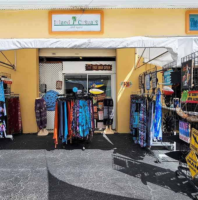 Island-themed clothing hangs invitingly, perfect for embracing that laid-back Florida lifestyle you've been cultivating all along.