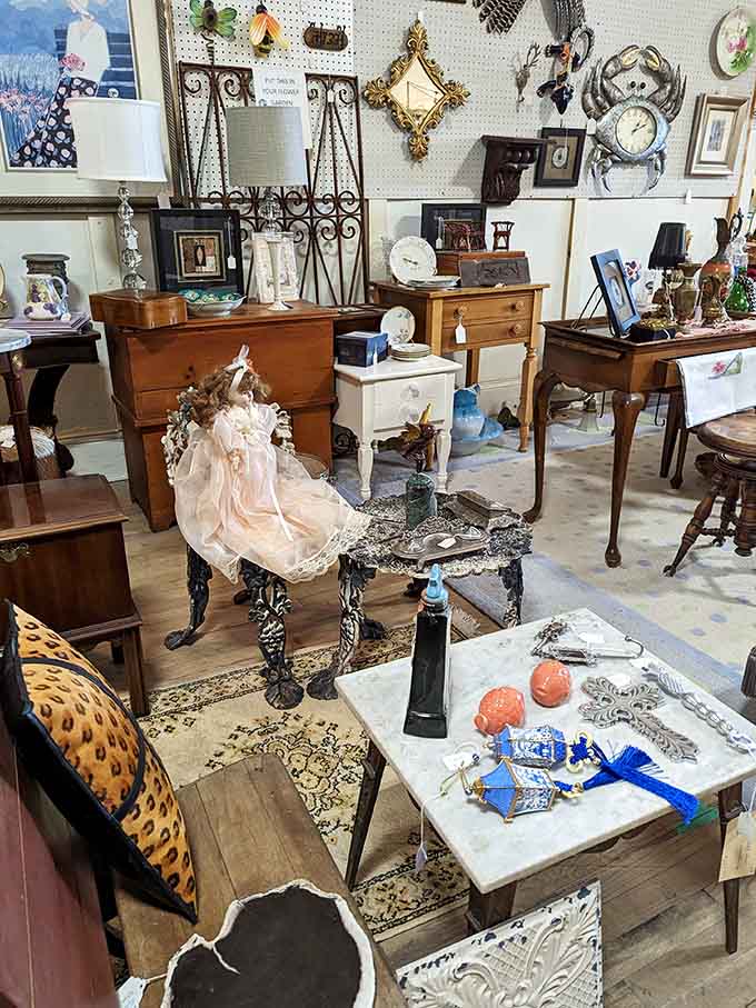 Wooden furniture with genuine character fills this space, offering pieces that have already survived decades of actual use.