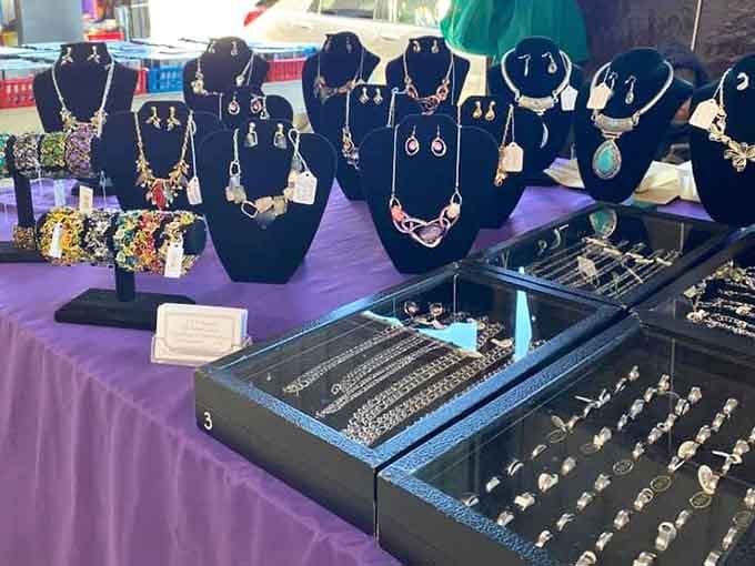 Handcrafted jewelry displayed on purple velvet makes every shopper feel like royalty on a budget.
