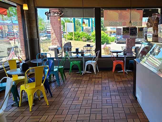 Bright metal chairs invite you to sit, relax, and contemplate your excellent life choices while enjoying ice cream.