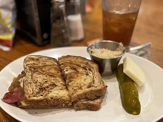 The pastrami sandwich on marble rye with Swiss cheese is deli perfection that would make any New Yorker jealous.