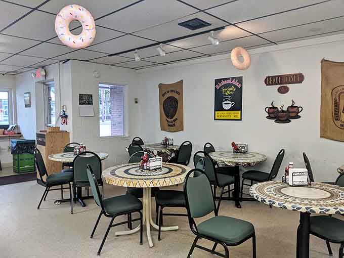 Donut-themed decor and mosaic tables create an atmosphere that's equal parts whimsical and wonderfully welcoming to all.
