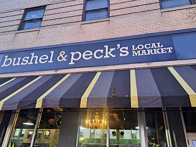Bushel & Peck's cheerful storefront signals fresh, local ingredients await inside for the discerning shopper who cares.