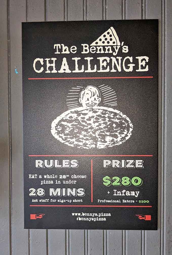 The Benny's Challenge: eat a 28-inch cheese pizza in under 28 minutes and achieve legendary status forever.