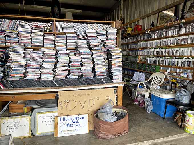 DVDs stacked like the world's most eclectic video store decided to have one final, glorious clearance event.