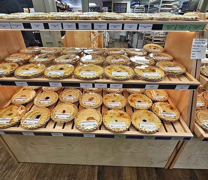 Rows of fresh pies lined up like edible soldiers, ready to sweeten your dinner table tonight.