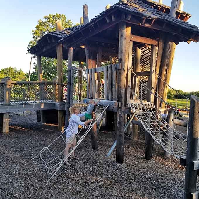 Climbing ropes demand strength and determination, rewarding persistence with views from above and well-earned bragging rights afterward.