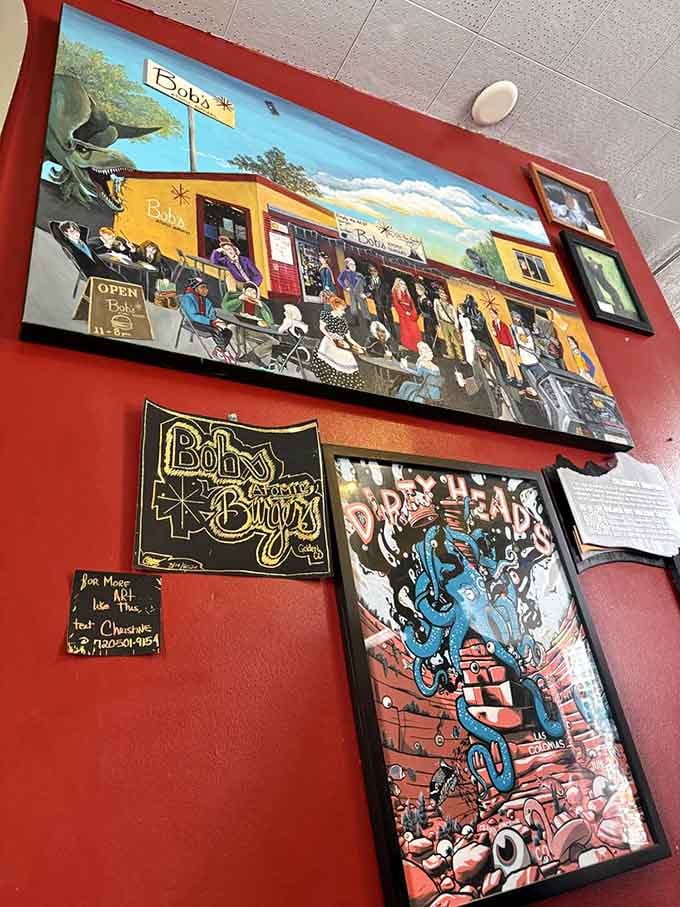 Wall art featuring Bob's storefront and colorful characters adds personality without trying too hard to impress.