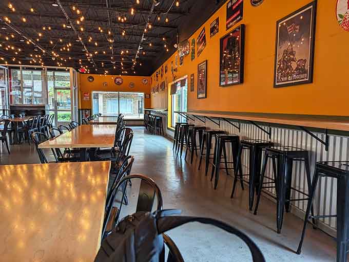 String lights overhead make every meal feel like a celebration, even if it's just Tuesday lunch.