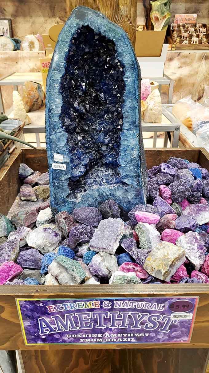 That's a genuine Brazilian amethyst geode that costs more than your car payment, just casually sitting in a gift shop.