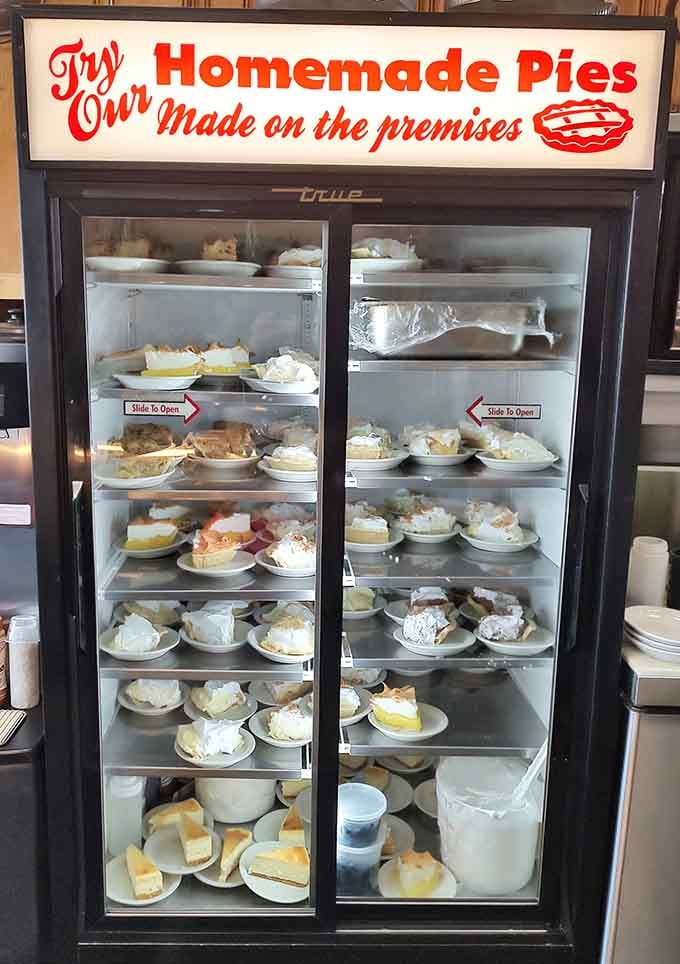 The pie case displays today's temptations, each slice calling your name louder than the last one.