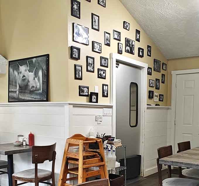 Family photos clustered on the wall remind you that diners are community gathering spots, not just restaurants with booths.