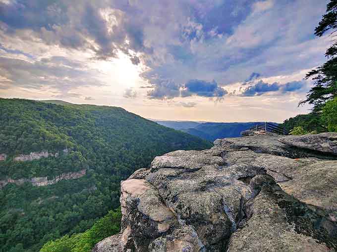 Rock outcroppings jutting into space where brave souls stand for photos while sensible people watch from safer distances.