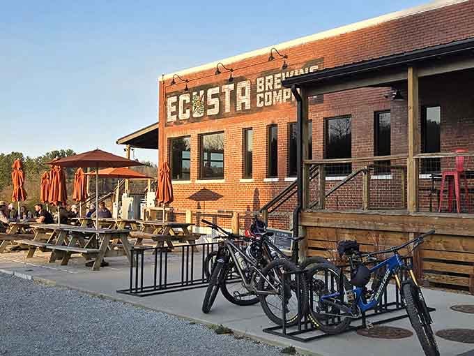 Ecusta Brewing Company's outdoor patio welcomes cyclists and shoppers alike, because mountain towns understand the importance of good beer.