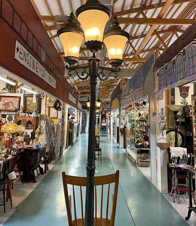 That vintage street lamp stands sentinel over endless aisles of treasures, lighting the way to your next perfect find.