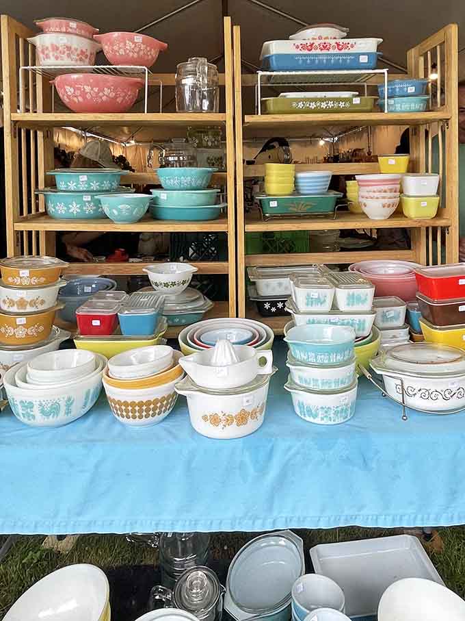 Pyrex paradise in every color imaginable, making collectors' hearts skip beats while their kitchen cabinets silently plead for mercy.
