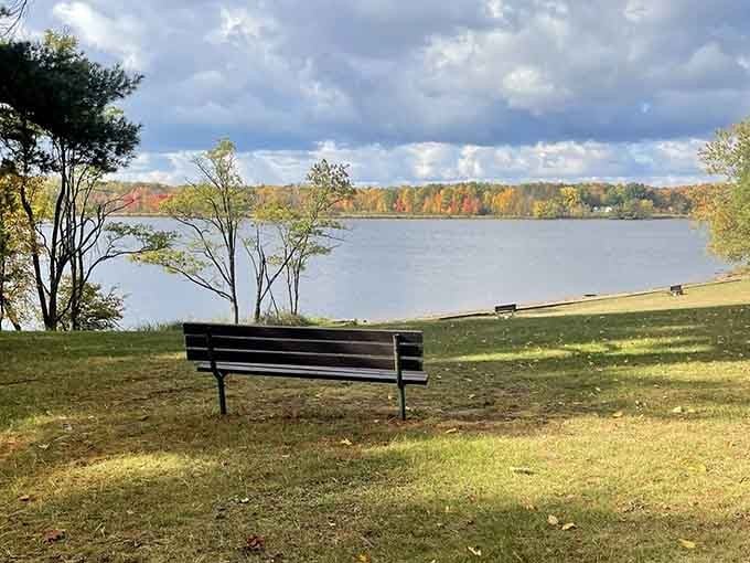 That bench overlooking fall colors exists solely for contemplating why you don't do this more often.