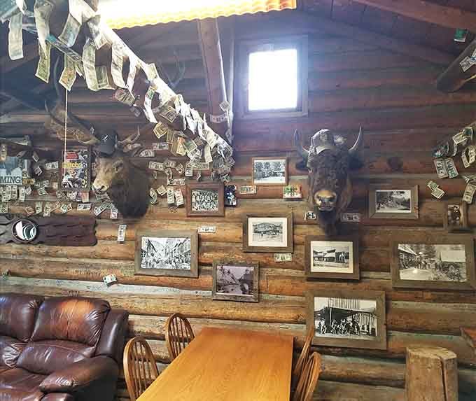 Historic photos and mounted antlers create a museum of mountain life that you can actually sit in and enjoy with a cold one.