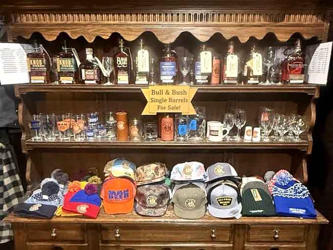 Bull & Bush merchandise lets you take home a piece of the experience, from single barrel bottles to branded caps.