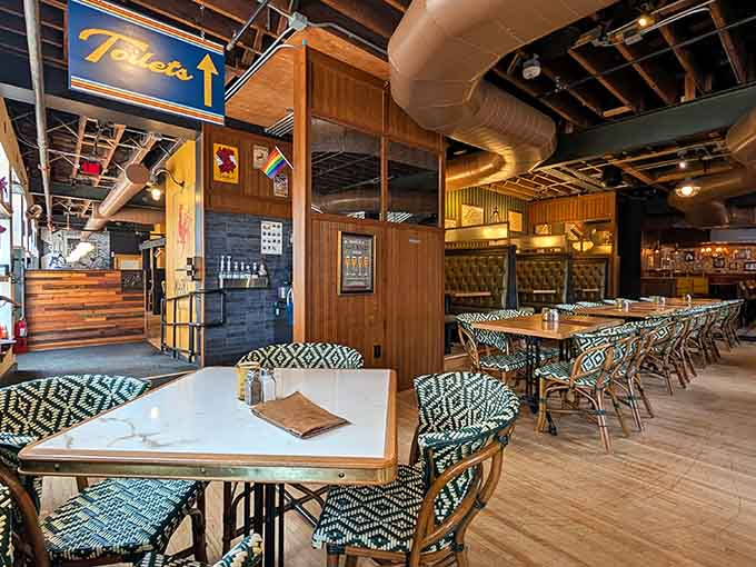 Multiple levels, warm lighting, and enough seating options to accommodate your entire extended family for Sunday brunch.