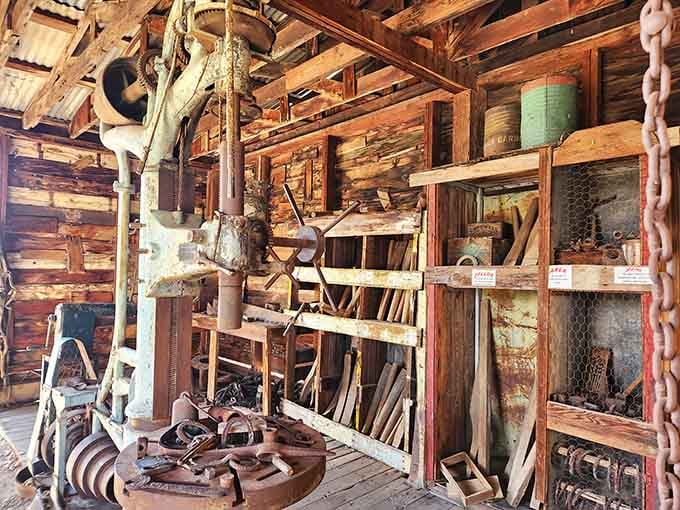 Shelves packed with authentic tools and equipment show the sheer variety of gadgets required for serious underground mining operations.