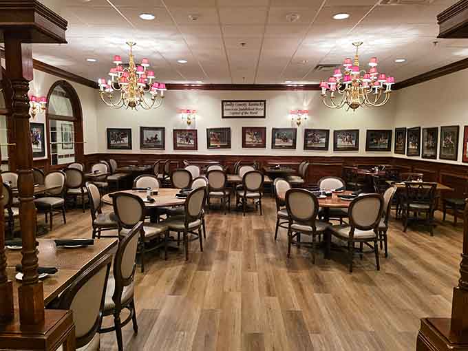 Pink-shaded chandeliers cast a flattering glow that makes everyone look good and feel even better.